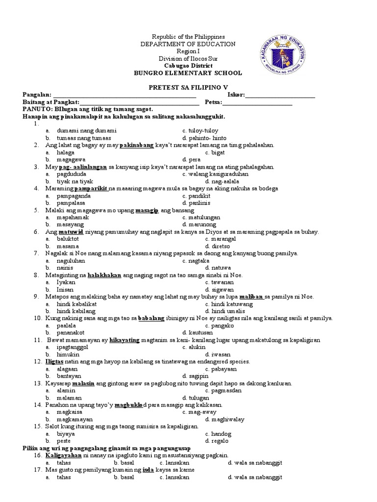 Pre - Test Filipino 5 | PDF