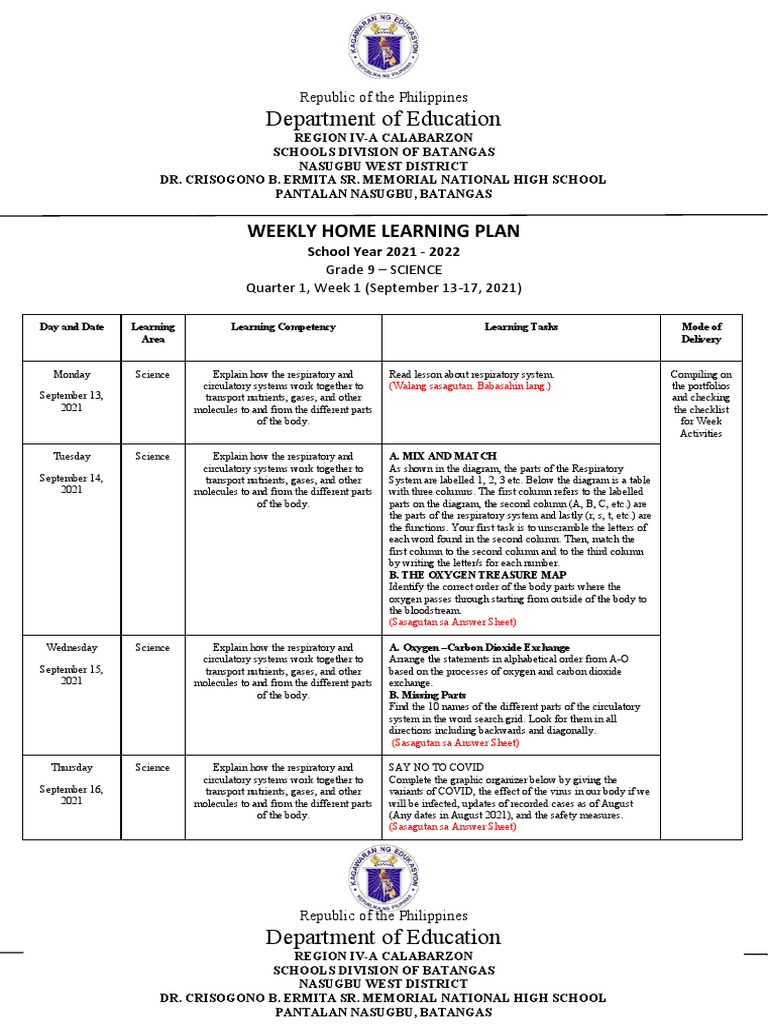 Science WHLP Quarter 1 Week 1 and 2 | PDF | Respiratory System | Crossword