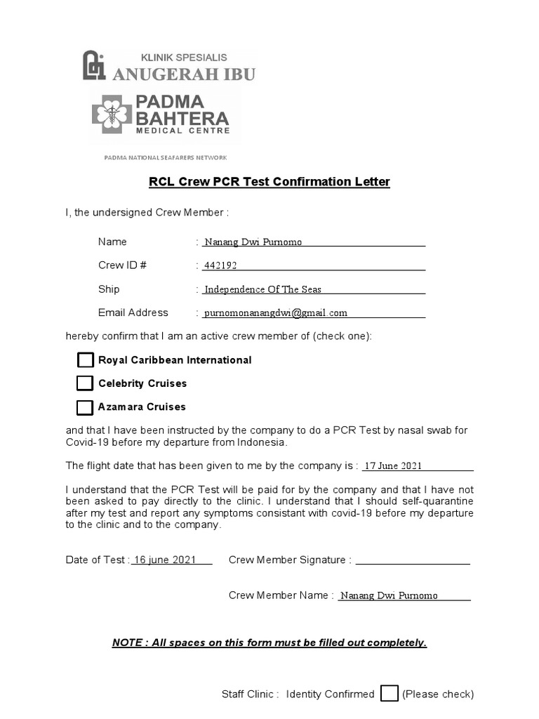 RCL Crew PCR Test Confirmation Letter | PDF