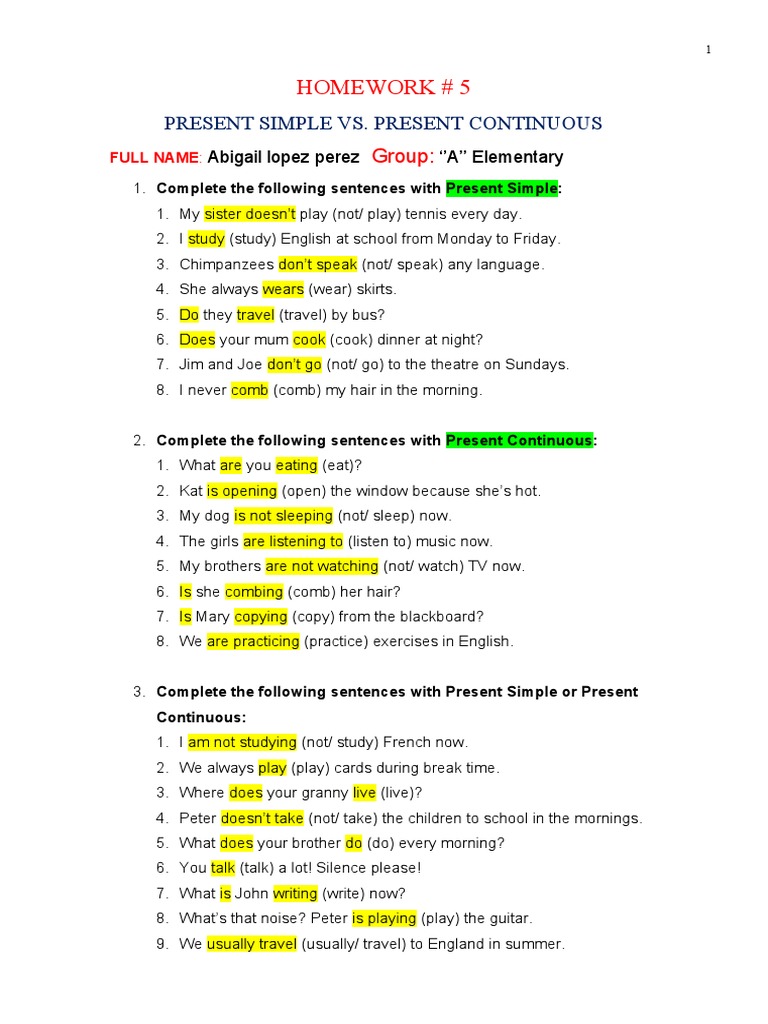 Homework # 5 (Present Simple and Present Continuous) | PDF