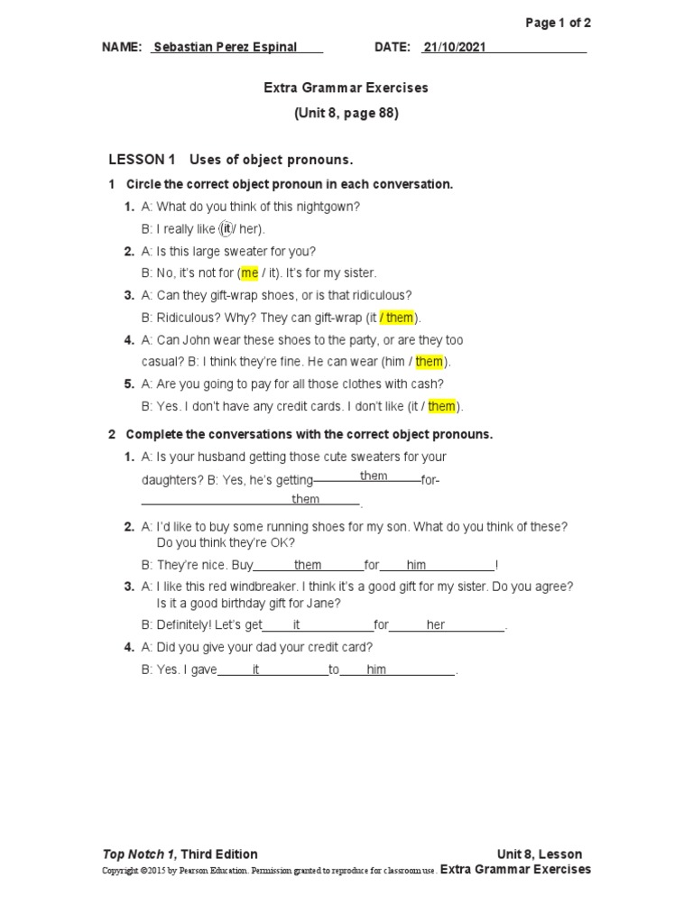 Extra Grammar Exercises (Unit 8, Page 88) : Top Notch 1, Third Edition | PDF | Linguistics