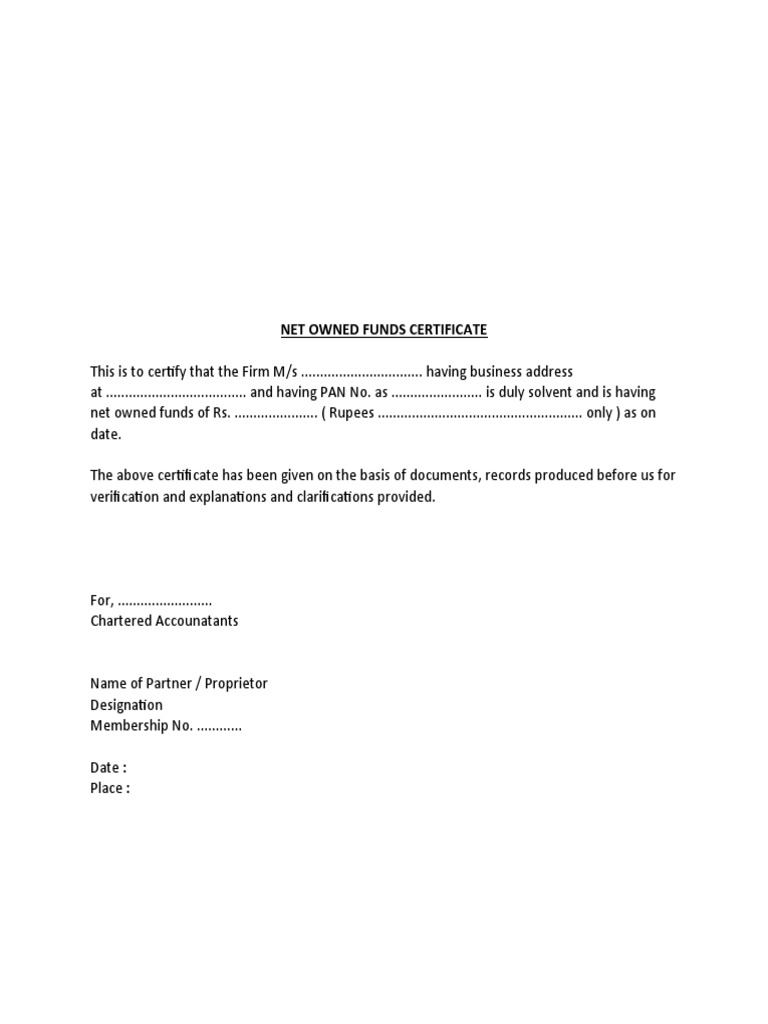 Net Owned Funds Certificate | PDF