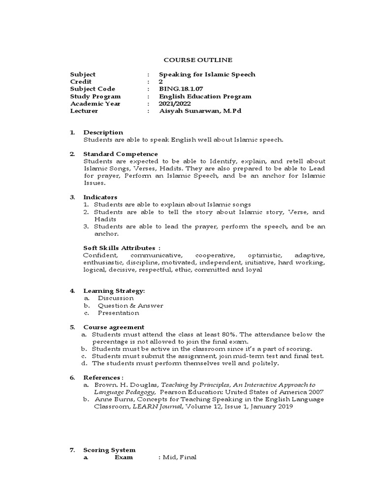Course Outline Speaking For Islamic Speech | PDF | Hadith | Communication