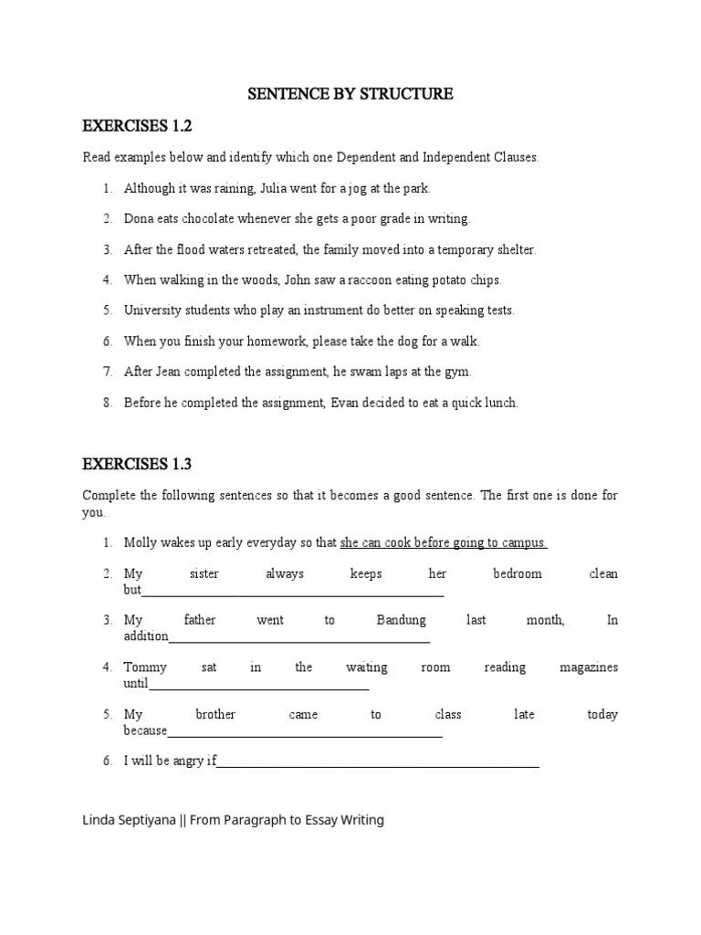 Sentence by Structure Exercises 1.2: Linda Septiyana From Paragraph To ...