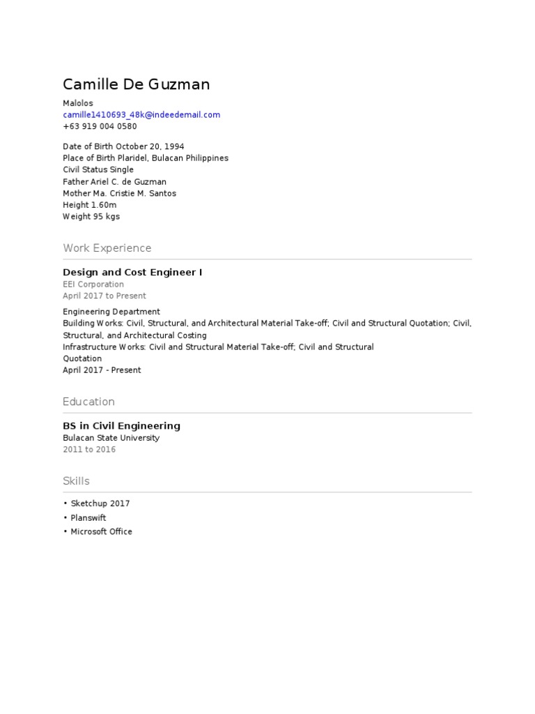 Camille De Guzman: Civil Engineer Profile | PDF | Career & Growth