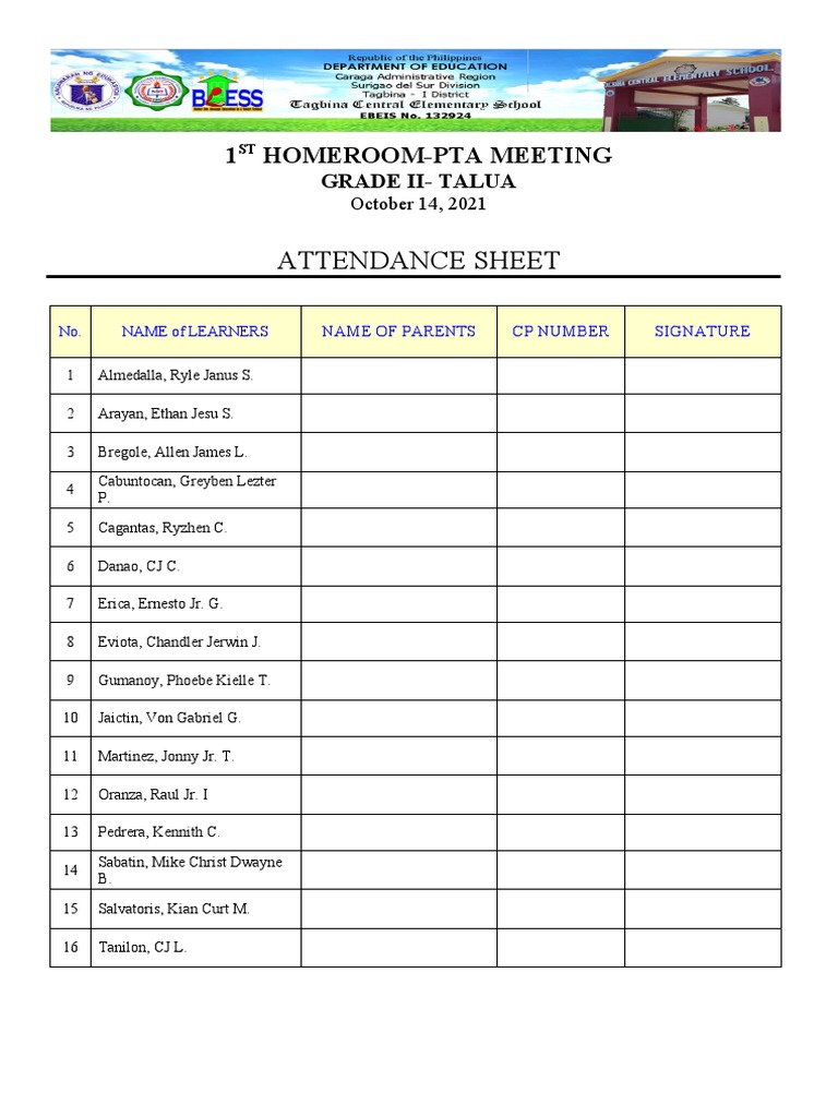 Attendance Sheet: 1 Homeroom-Pta Meeting | PDF