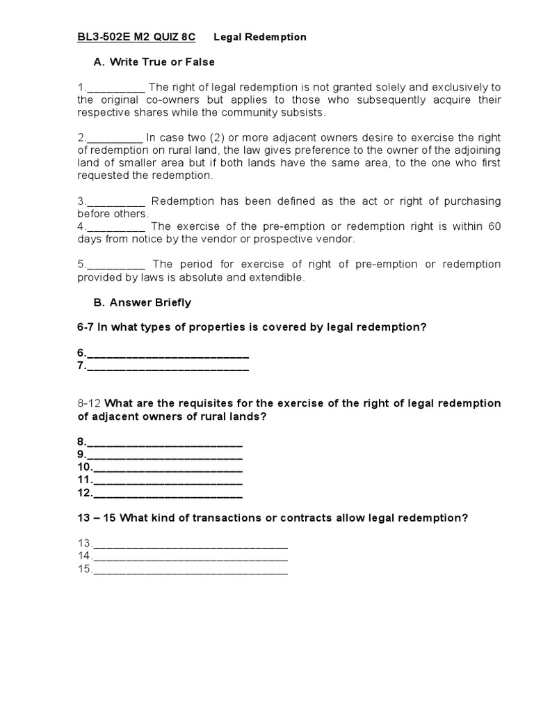 Quiz 8C Legal Redemption | PDF