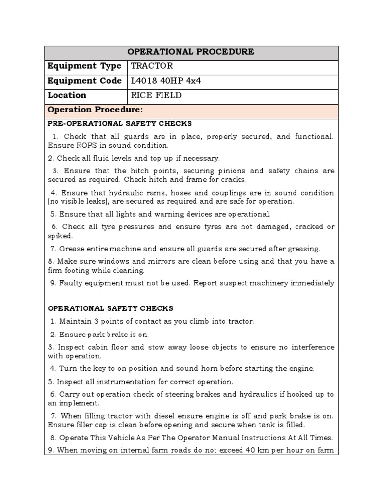 Operational Procedure Equipment Type TRACTOR Equipment Code L4018 40HP ...
