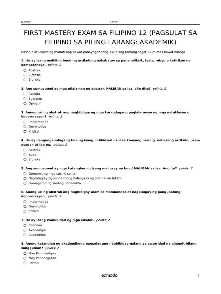 First Mastery Exam Sa Filipino 12 (Pagsulat Sa Filipino Sa Piling ... First Mastery Exam Sa Filipino 12 (Pagsulat Sa Filipino Sa Piling ...