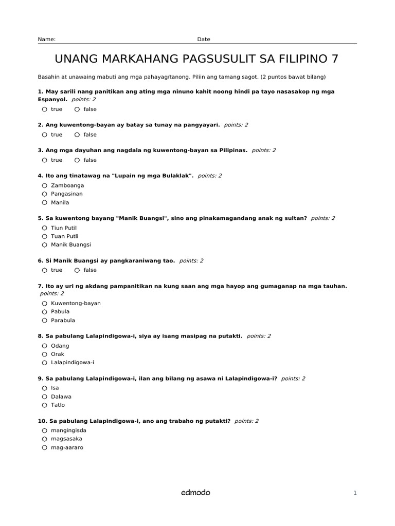 Unang Markahang Pagsusulit Sa Filipino 7 | PDF