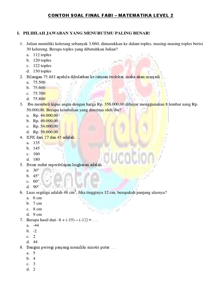 Contoh Soal FABI Matematika Level 2 | PDF | Metode & Bahan Ajar