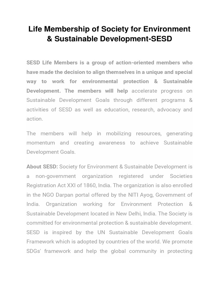 Life Membership of Society For Environment Sustainable Development SESD ...