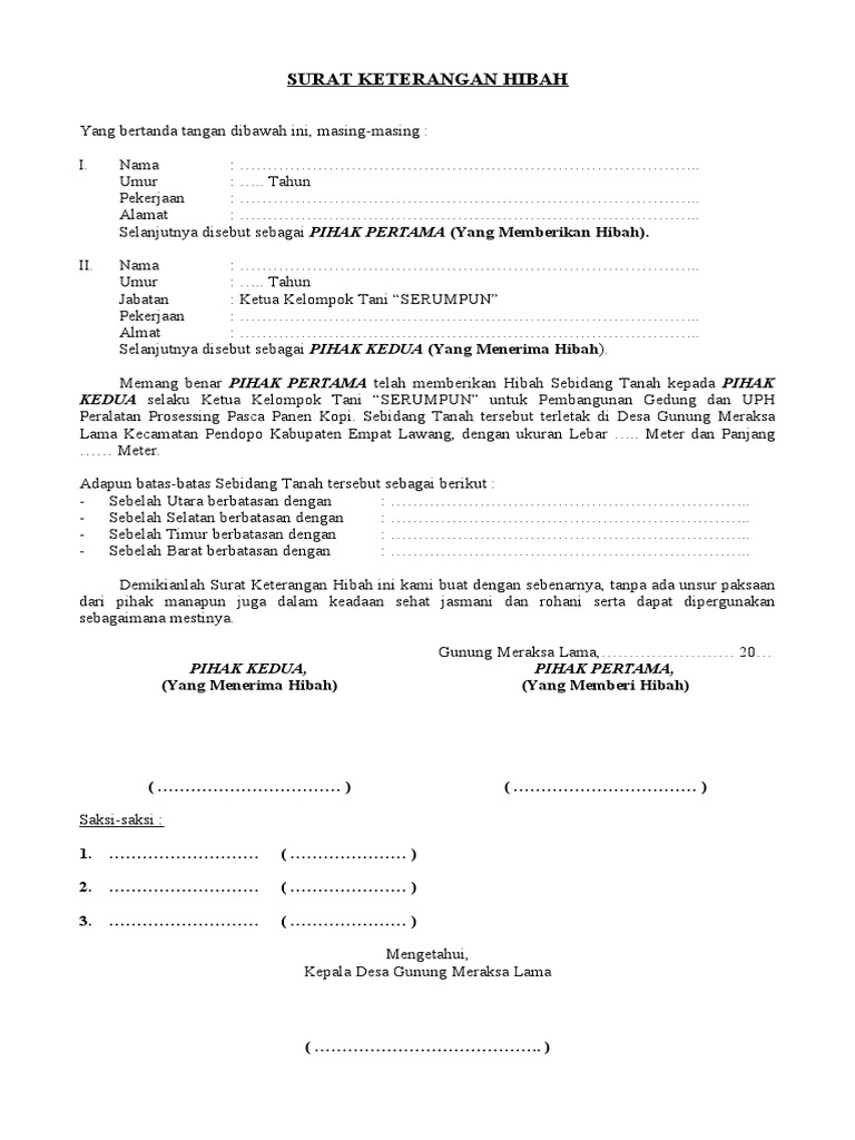 Contoh Surat Keterangan Hibah Uph | PDF