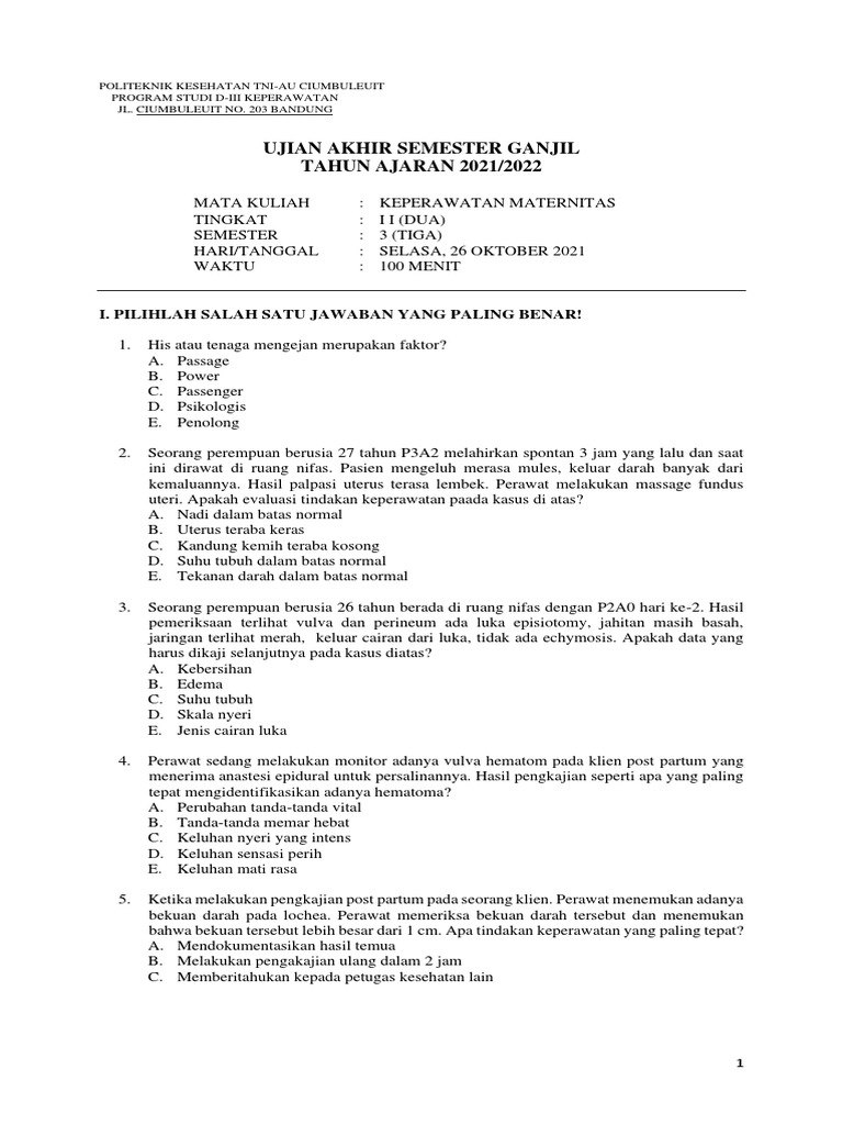 Soal Keperawatan Maternitas | PDF | Kesehatan Holistik