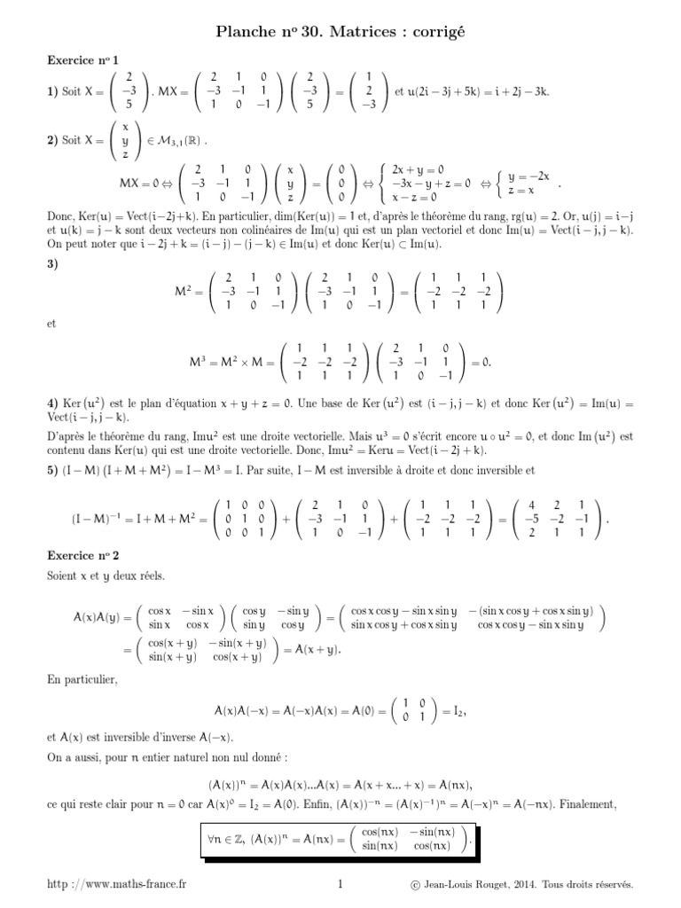 30 Matrices Corrige | PDF | Matrice (Mathématiques) | Anneau (mathématiques)
