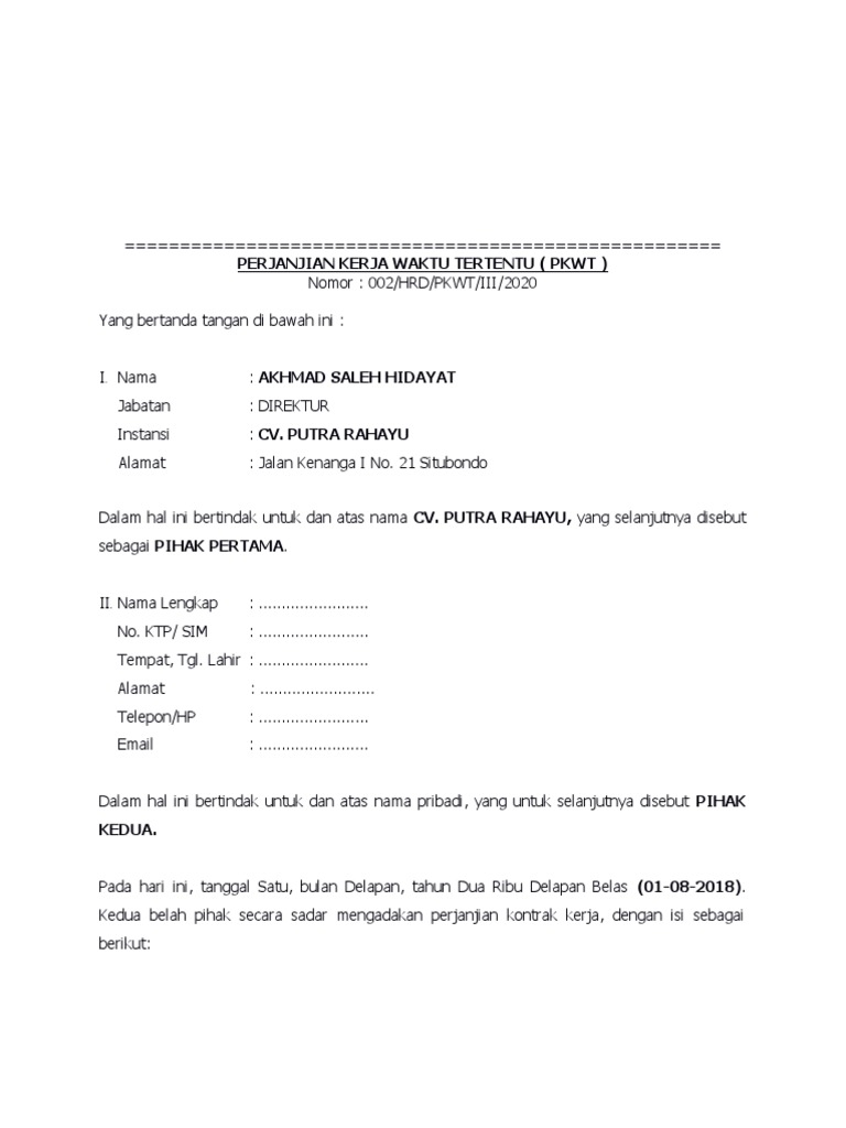 Surat Perjanjian Kerja Waktu Tertentu Percobaan PKWTP 2F Probation | PDF