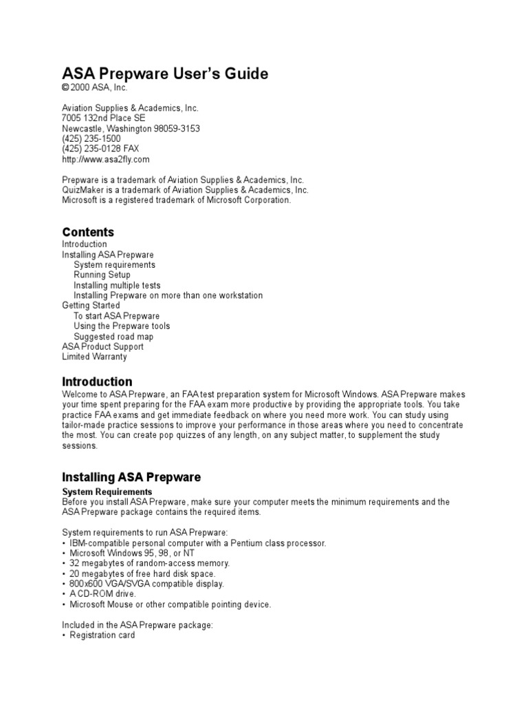 ASA Prepware User's Guide: System Requirements | PDF | Test (Assessment ...