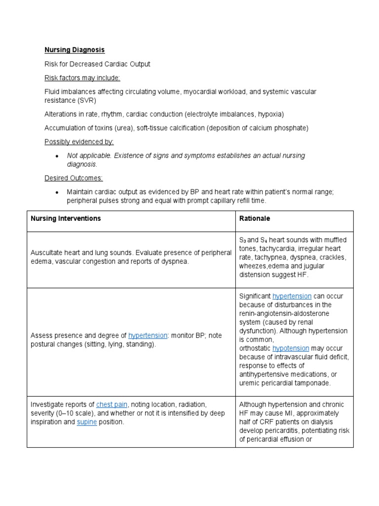 Example of Nursing Diagnosis Risk For Decreased Cardiac Output | PDF ...