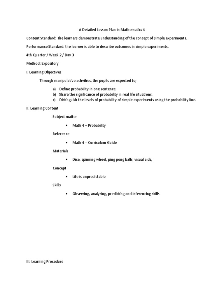 A Detailed Lesson Plan in Mathematics 4 | PDF | Probability | Experiment