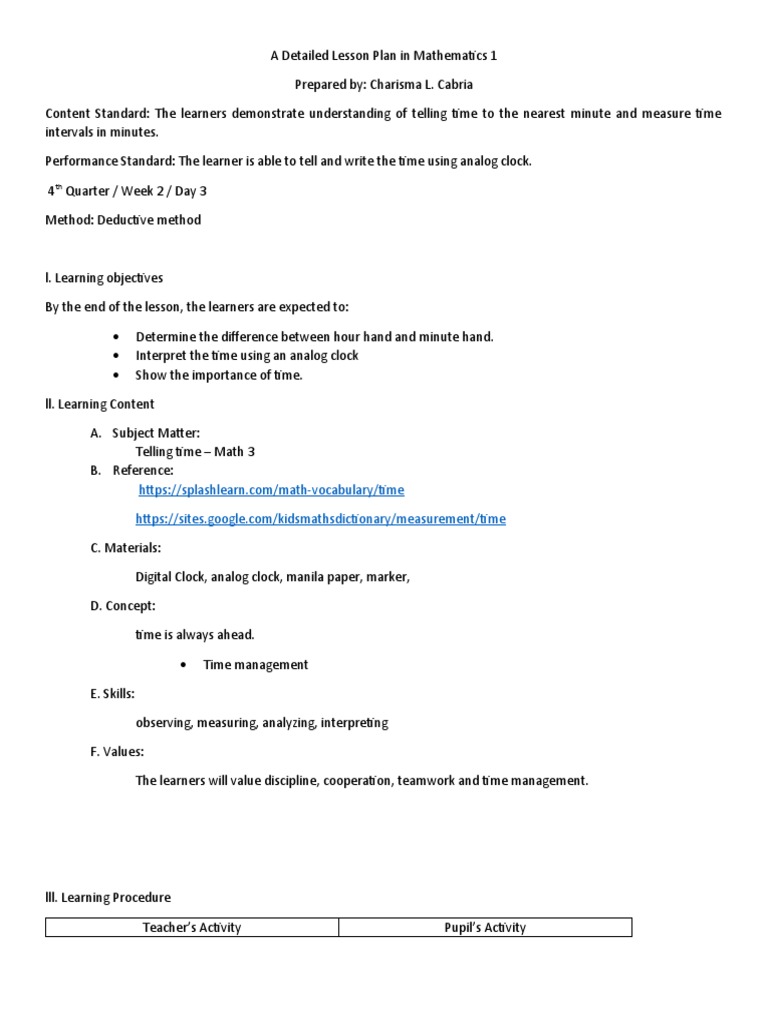 Grade 1 Lesson Plan: Telling Time | PDF | Clock | Time