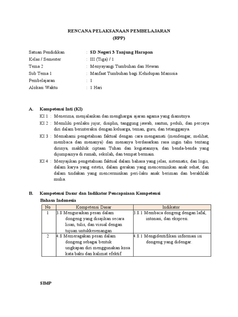 RPP Kelas 3 Tema 2 Sub Tema 1 | PDF