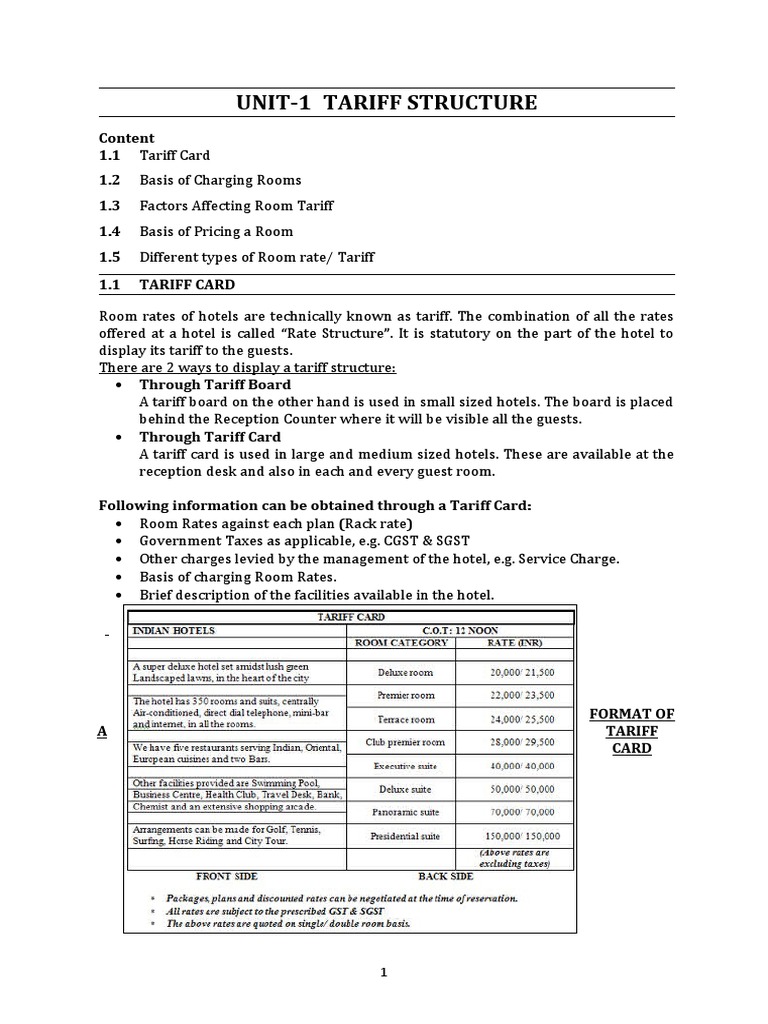 Unit-1 Tariff Structure: Content 1.1 1.2 1.3 1.4 1.5 Different Types of ...