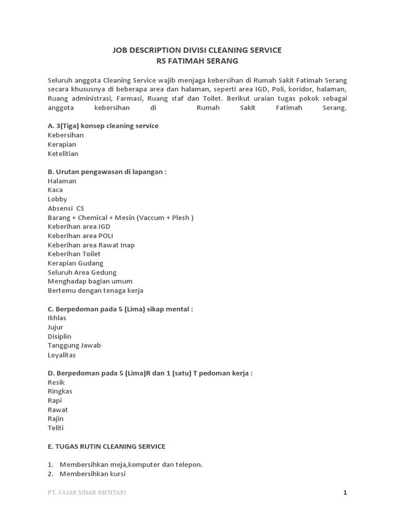 Deskripsi Pekerjaan Cleaning Service | PDF