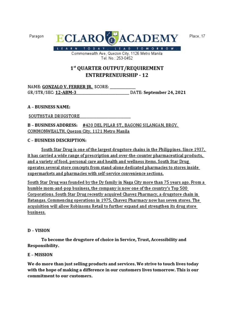 1 Quarter Output/Requirement Entrepreneurship - 12: Paragon Place, 17 ...