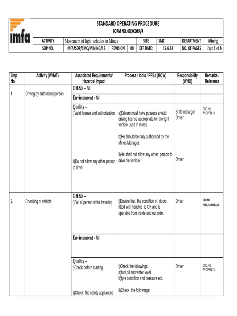 SOP - Movement of Light Vehicles in Mines | PDF | Vehicles | Traffic