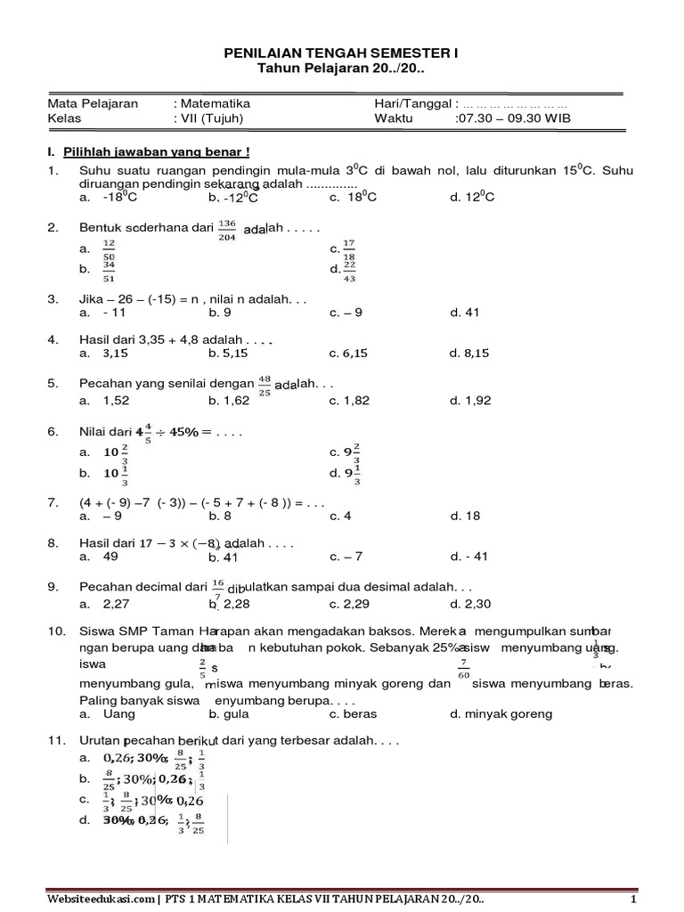 Soal PTS MTK Kelas VII Ganjil | PDF