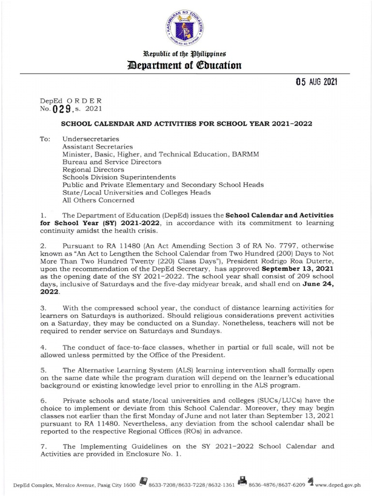 DepEd Calendar 2021 - 2022 | PDF