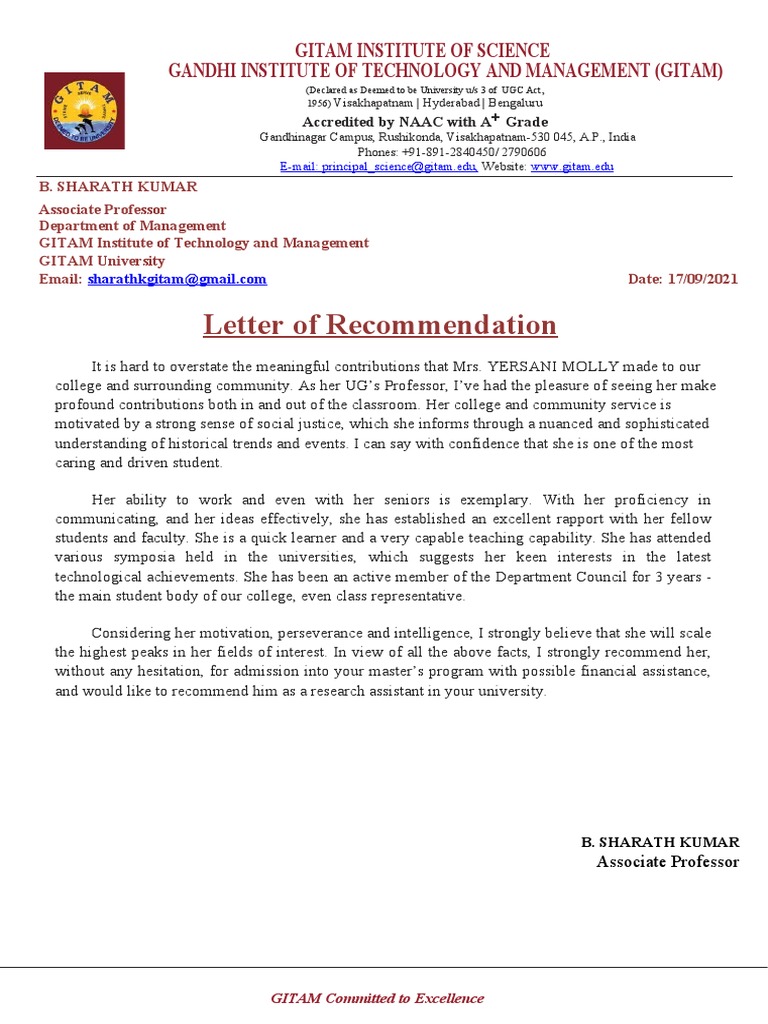Letter of Recommendation: Gitam Institute of Science Gandhi Institute of Technology and ...