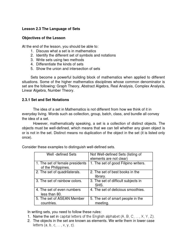Lesson 2.3 The Language of Sets Objectives of The Lesson | PDF | Set ...