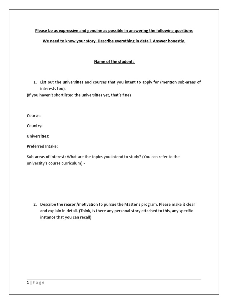 SoP Questionnaire New | PDF | Job Hunting | Internship