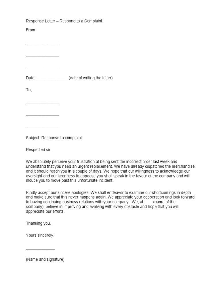 Response Letter To A Complaint | PDF
