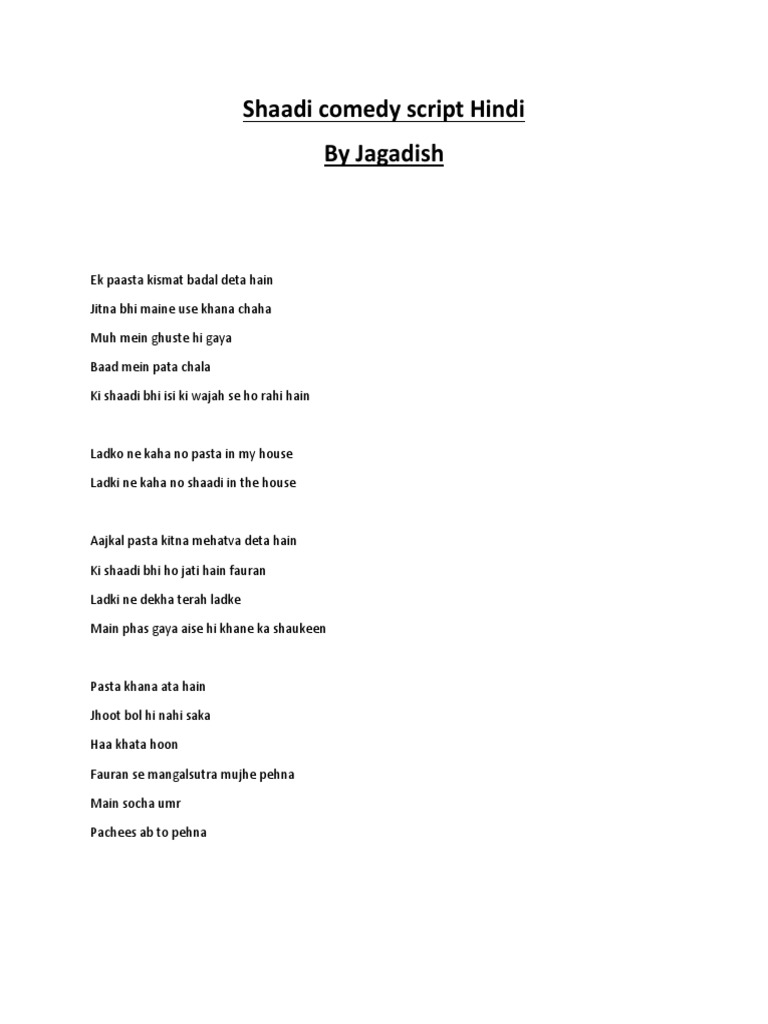 Shaadi Comedy Hindi Script | PDF | Cooking, Food & Wine | Lifestyle