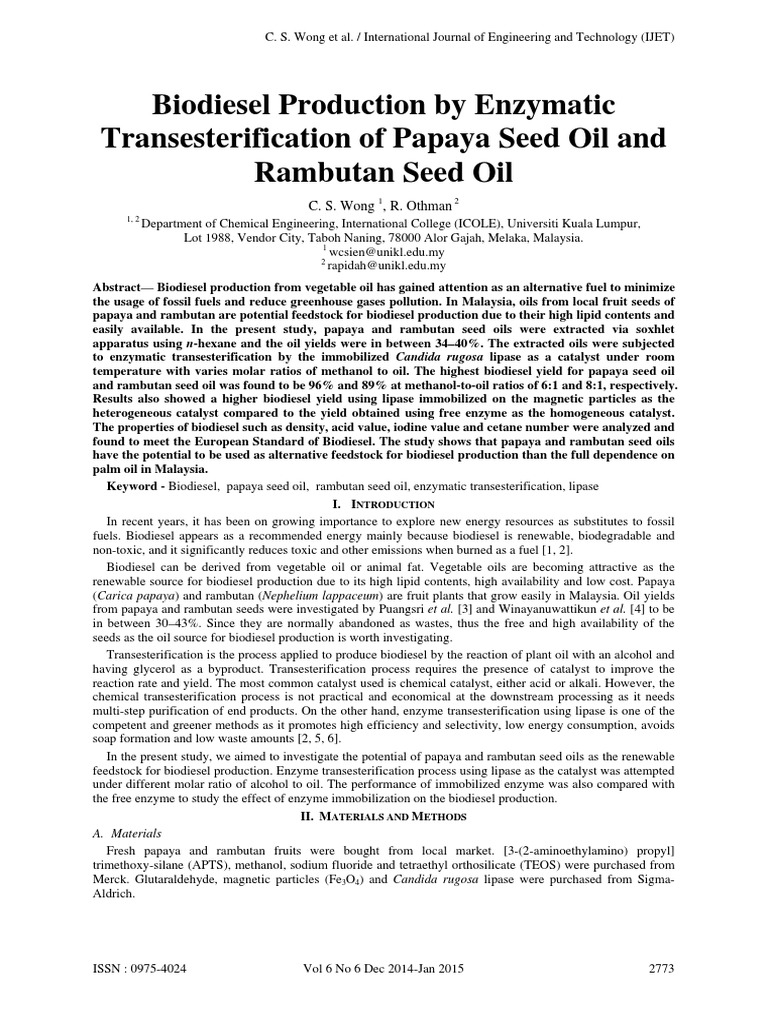 Biodiesel Production by Enzymatic Transesterification of Papaya Seed ...
