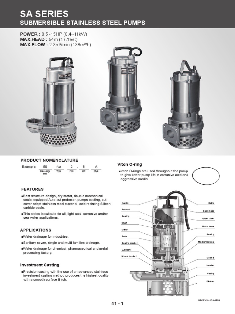 Sa Series: Submersible Stainless Steel Pumps | PDF | Pump | Electric Motor