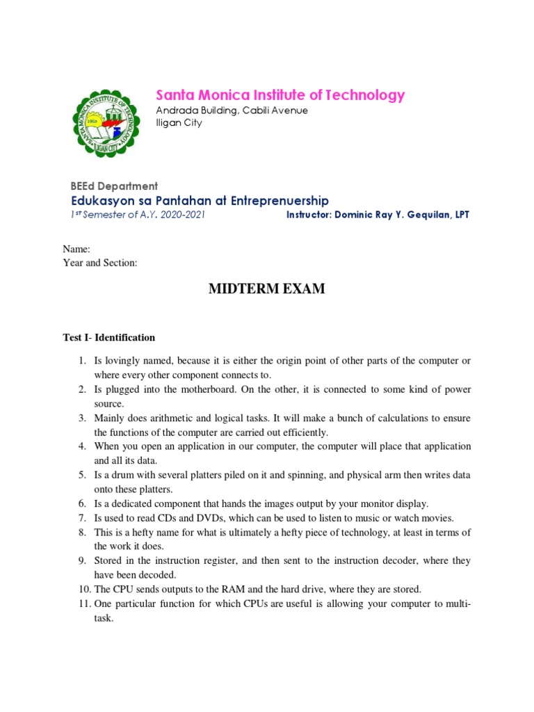 Santa Monica Institute of Technology: Midterm Exam | PDF | Computer ...
