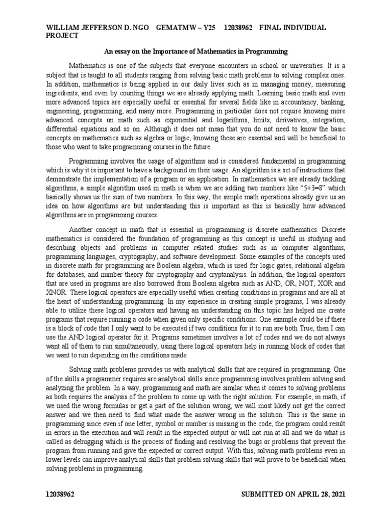 Essay On The Importance of Mathematics in Programming | PDF ...