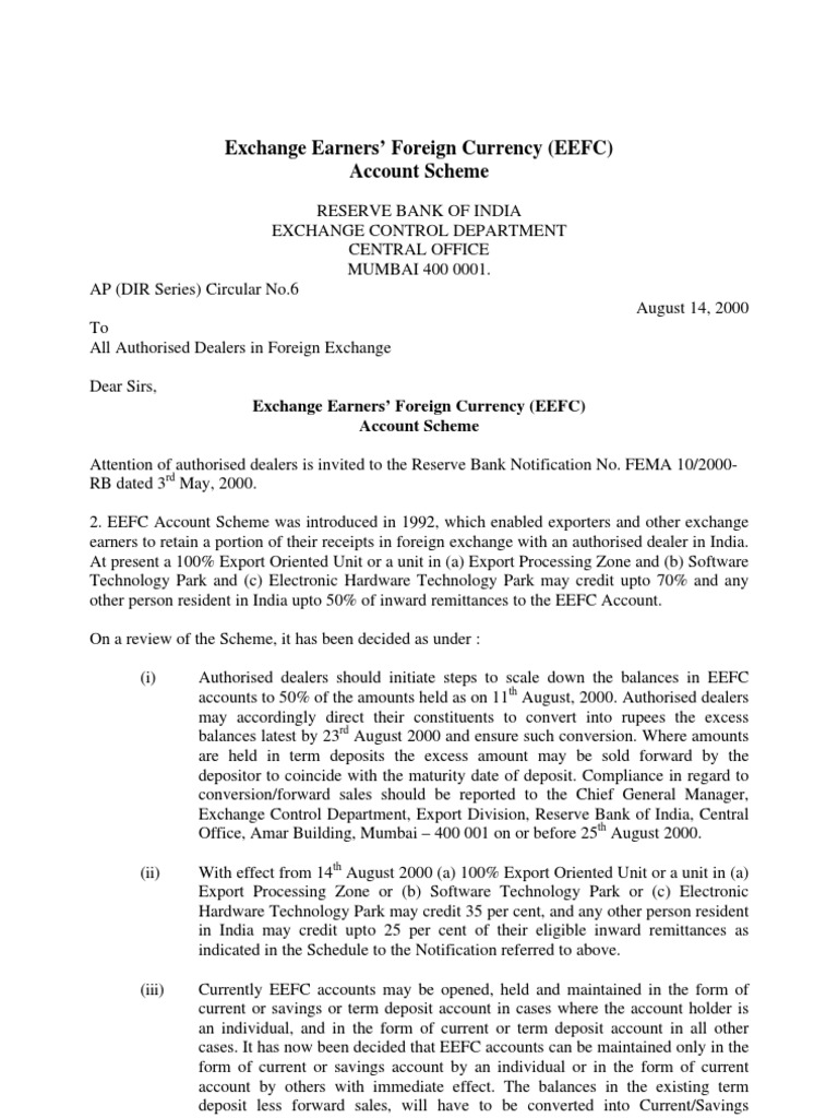 Exchange Earners' Foreign Currency (EEFC) Account Scheme | PDF ...