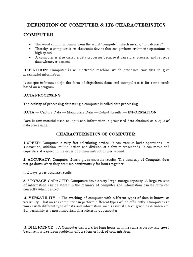 Definition of Computer & Its Characteristics Computer | PDF ...