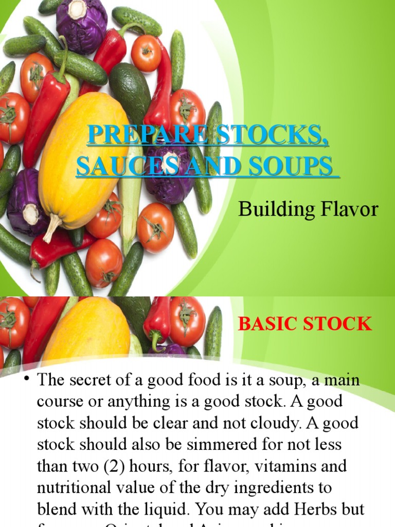 Prepare Stocks, Sauces and Soups | PDF | Stock (Food) | Sauce