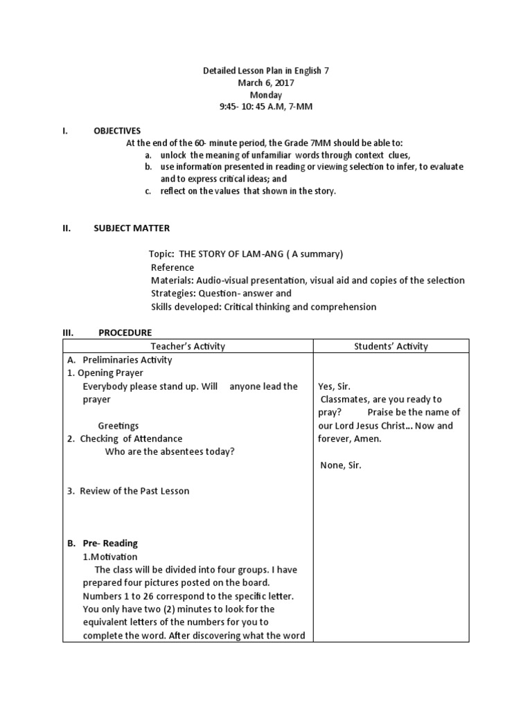 Detailed Lesson Plan in English 7 Final Demo. | Download Free PDF ...