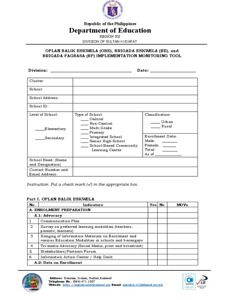 Obe Be Brigada Pagbasa Forms | PDF | Hand Washing | Schools