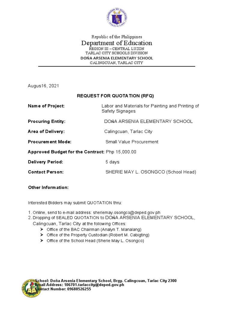 Department of Education: Request For Quotation (RFQ) Name of Project | PDF