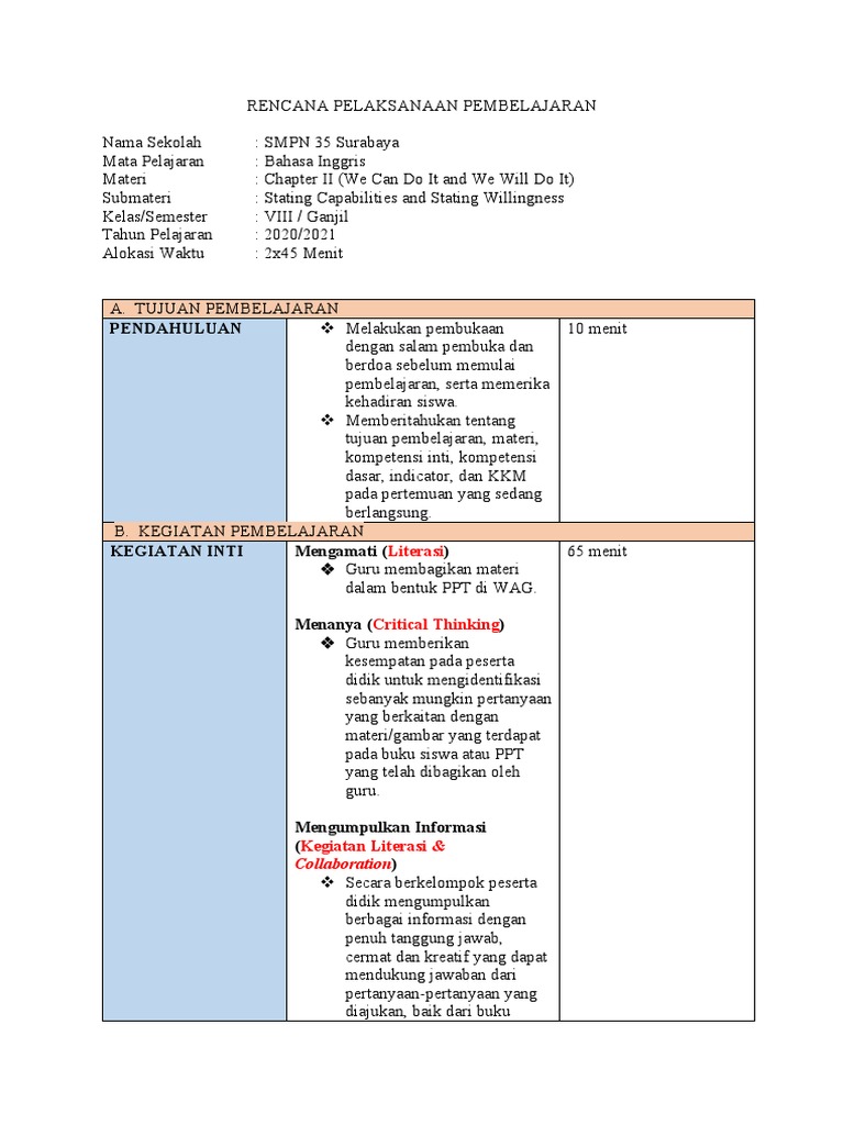 RPP Bahasa Inggris Kelas VIII SMP 35 | PDF | Karier & Perkembangan | Seni