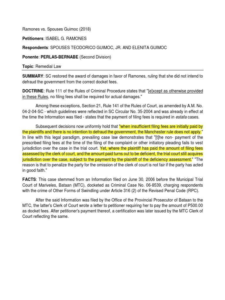 Ramones-vs-Spouses-Guimoc-Digest | PDF | Damages | Complaint