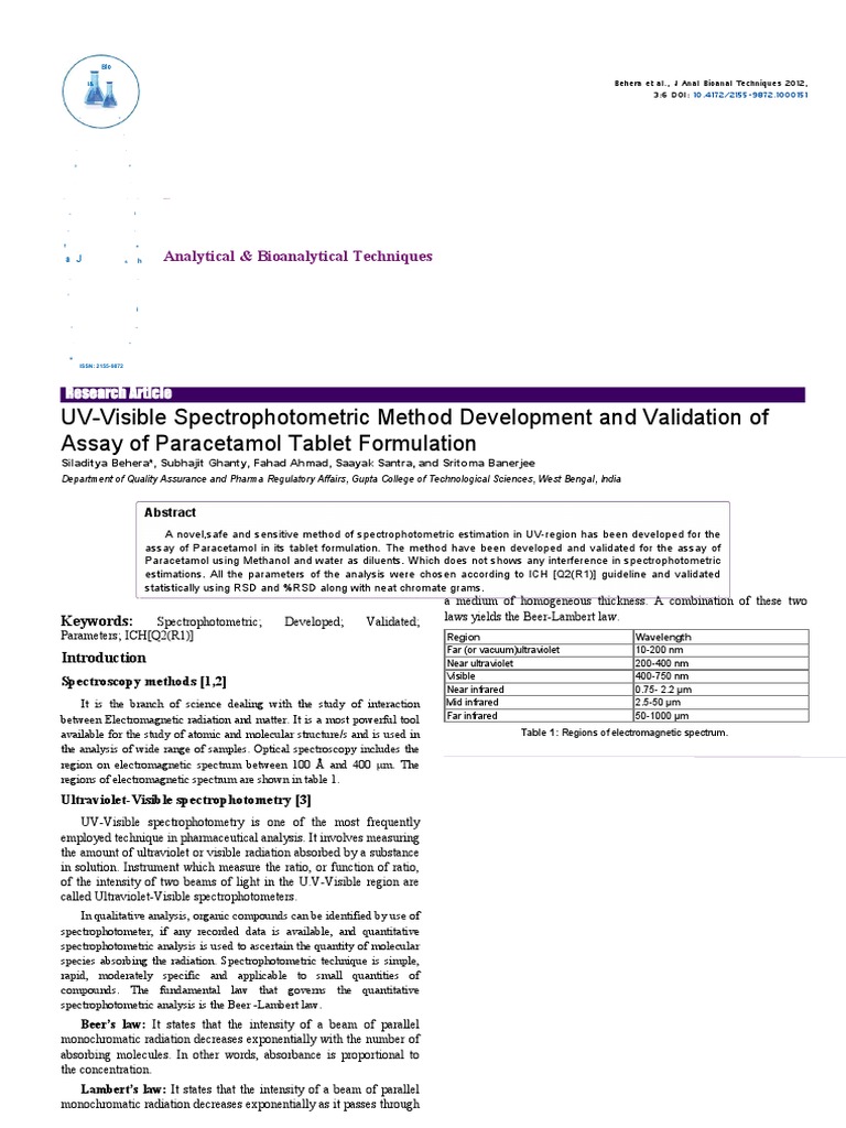 Uv Visible Spectrophotometric Method Development And Validation Of Assay Of Paracetamol Tablet
