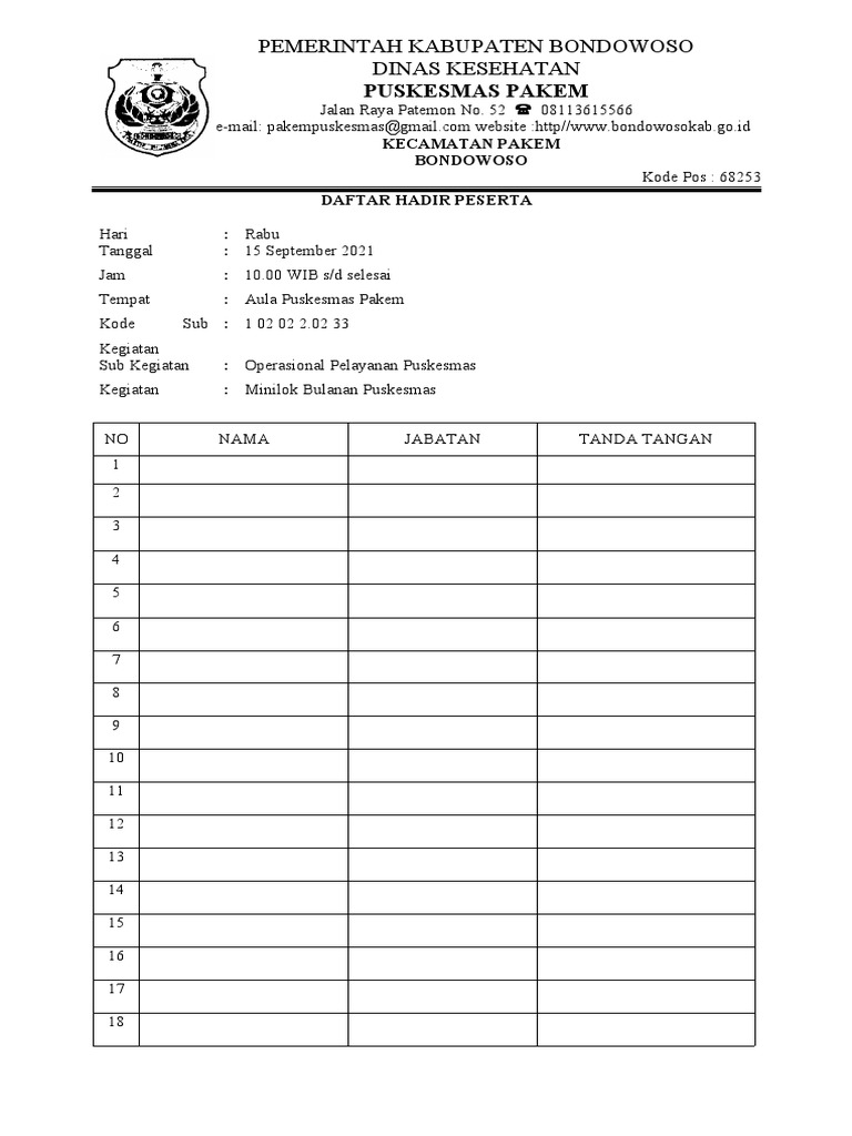 Daftar Hadir Kegiatan BOK | PDF